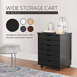 Linon Rolling Storage Corinne Cart, Six Wide Drawers, Black Wide