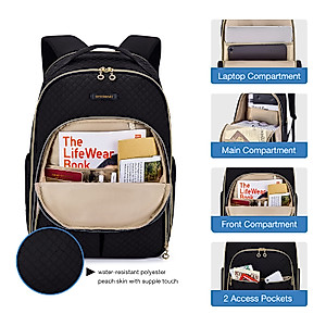 BASMART Travel Laptop Backpack, 15.6 Inch Womens Travel Backpack With USB Charging Hole, Water Resistant Anti Theft College School Backpacks, Large Black Computer Backpacks for Work, Black