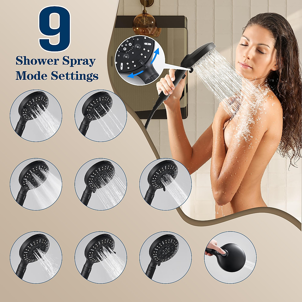 Kurpot Filtered Shower Head with Handheld, 9 Spray Mode High Pressure Shower Head with Filters, 60" Shower Hose, Matte Black Shower Head Filter for Hard Water, Remove Chlorine, Protect Skin and Hair