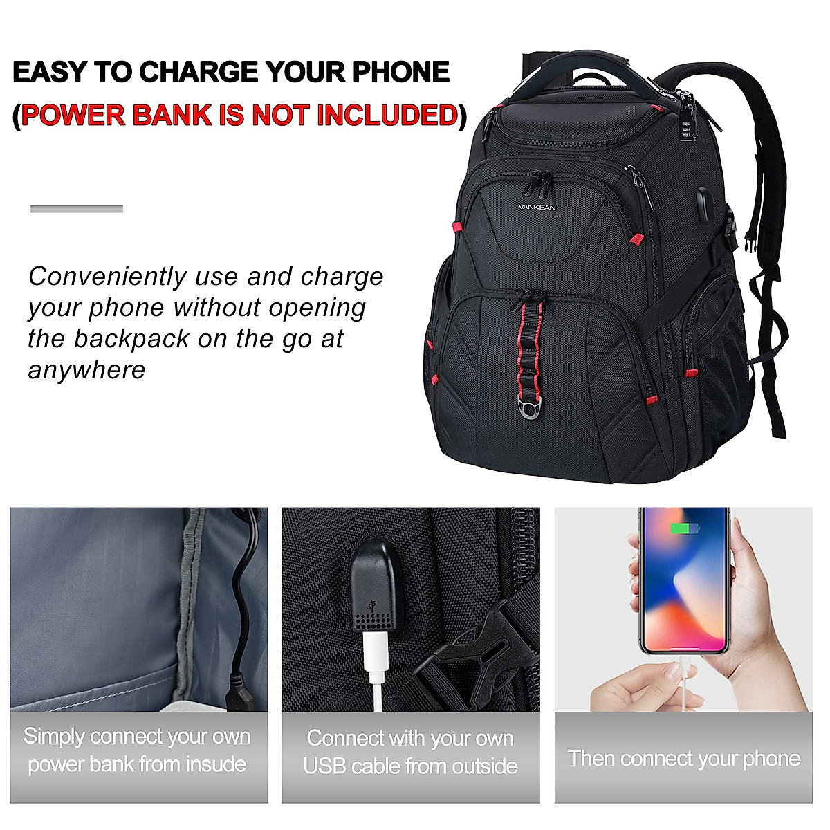 VANKEAN 17.3'' Travel Laptop Backpack TSA Friendly, Water Resistant Anti Theft Extra Large Backpack with RFID Pockets College Backpacks with USB Port for Men Women School Business Work Bag, Black