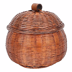 Cabilock Mini Rattan Storage Basket: Pumpkin Shaped Straw Trash Can Small Wicker Basket with Lid Round Woven Seagrass Baskets Woven Wastebasket Candy Bowl for Home Office Chocolate