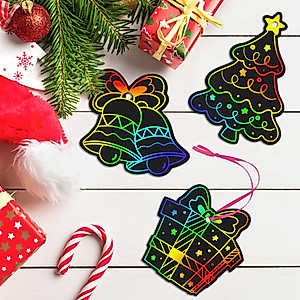 Mocoosy 48 Christmas Scratch Art Ornaments, Christmas Crafts Kits for Kids Rainbow Magic Scratch Paper Cards Xmas Hanging Ornaments Decorations DIY Winter Holiday Party Favors Set