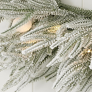 Frosted Acadia Wreath | Pre-strung with 50 LED lights | Indoor or covered Outdoor
