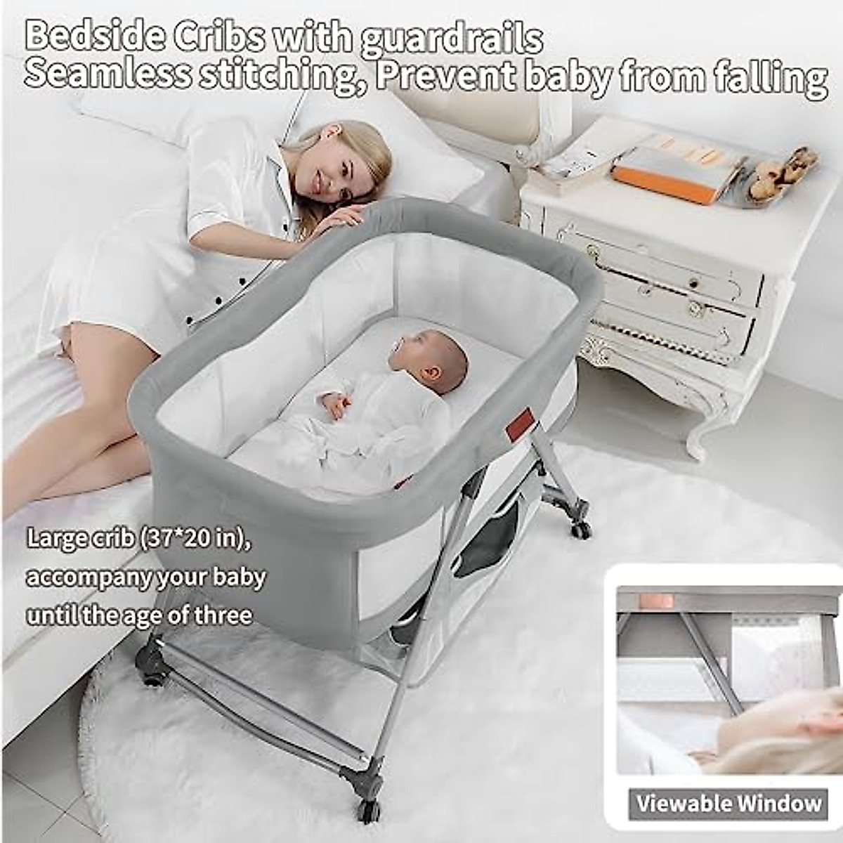 Lair Coo Baby Bassinet, 3 in 1Bedside Bassinet for Baby with Grocery Basket, Bassinet Bedside Sleeper with Mattress & Mosquito Net, Travel Bassinet for Baby(Foldable) with Storage Bag & Wheel