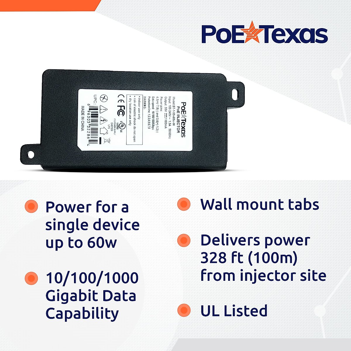 Poe Texas 60 watt PoE Injector - 802.3bt PoE++ Single Port 4-Pair Power Over Ethernet Injector - Active PoE Adapter with 55V 60W Output - 10/100/1000 Gigabit Data - Mode A/B Wall Mount Plug & Play