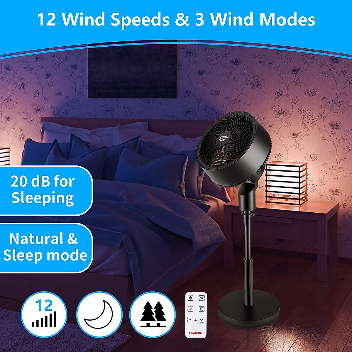 Air Circulator Fan Super Quiet with DC Motor Whole Room Oscillating Standing Floor Fan with Remote, 6 Adjustable Height, 3 Winds Mode, 12 Speeds & 90 Degree Pivoting Head For Bedroom Office Home