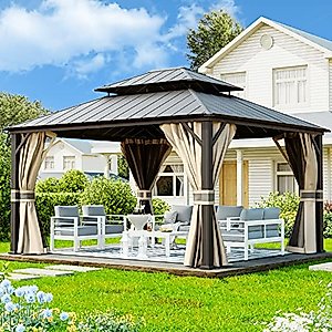 UDPATIO 12' x 14' Hardtop Gazebo, Outdoor Aluminum Gazebo with Galvanized Steel Double Roof, Permanent Metal Canopy with Netting and Curtains for Patio, Garden, Lawn, Backyard, Deck, Beige