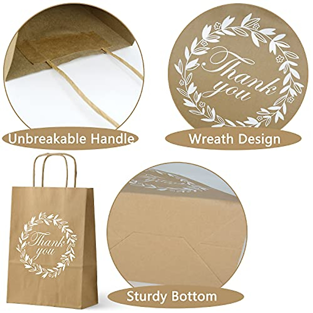 KALEFO 60Pcs Thank You Gift Bags Bulk Wedding Favors with Handle Brown Kfaft Paper Bags for Birthday Graduation Party Supplies Baby Shower Retail Shopping 7 x 4 x 9in