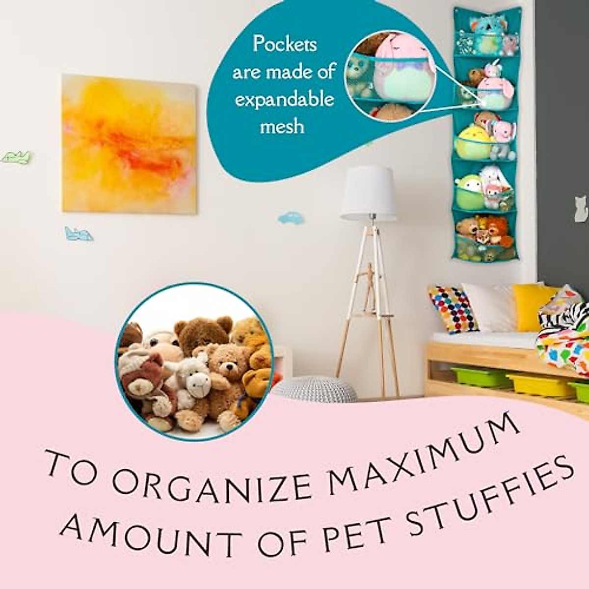 Lilly's Love Corner Stuffed Animal Toy Storage Hanging Organizer | 5 Expandable Mesh Net Pockets, Stores Loads of Plush Toys | Large Plushie Display for Boys, Girls | Pink