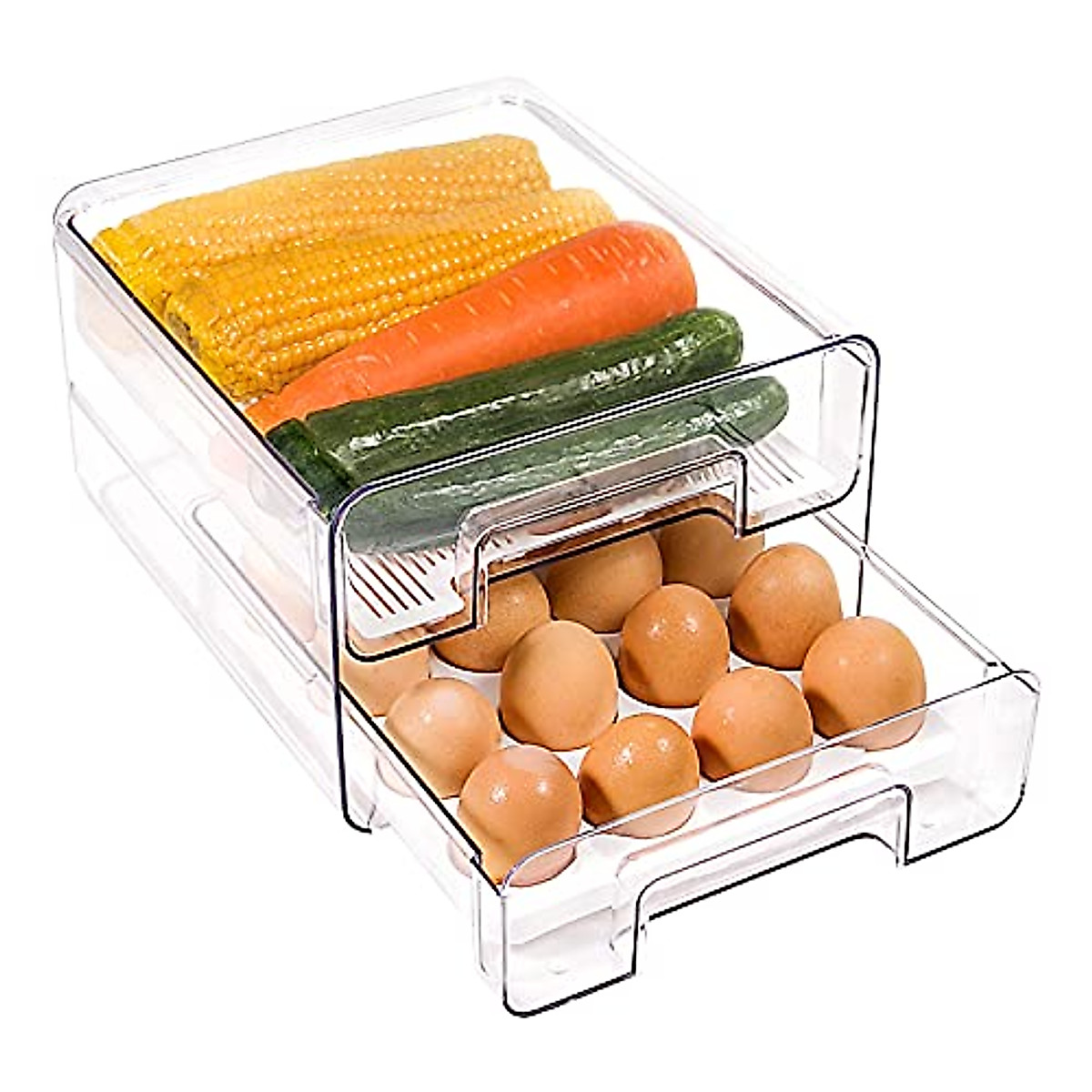 elabo 32 Grid Large Capacity Egg Holder for Refrigerator, Stackable Refrigerator Organizer Drawers with Removable Drain Tray, Fridge Organizer Bins, Pull Out Food Storage Container Bins with Drawer