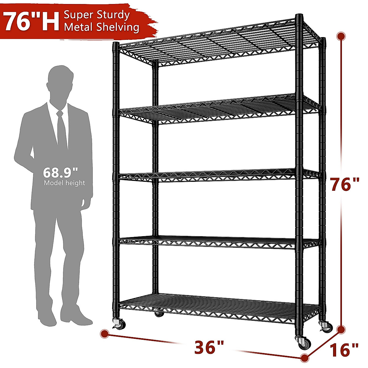 REIBII 72''W Wire Shelving Loads 2100LBS,5 Tier Metal Shelving with Adjustable Storage Shelves 36''W Garage Shelving Heavy Duty with Wheels Metal Shelves for Storage Rack 2PC,76''HX36''WX16''D