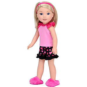 Sophia's Heart Pajama Set with Pink Top, Heart Print Shorts, Hairpiece and Hot Pink Furry Slippers for 14.5" Dolls, Pink/Black