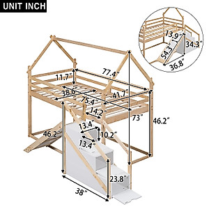 Merax Twin Over Twin Bunk Bed with Slide and Storage Stairs for 2 Kids, Boys, Girls, Teens, Wood House Bed Frame & Full-Length Fence for Children's Room, Bedroom, Solid Wooden Slats Support, White