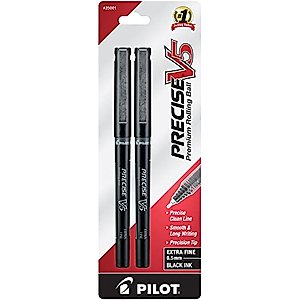 PILOT Precise V5 Stick Liquid Ink Rolling Ball Stick Pens, Extra Fine Point (0.5mm) Black Ink, 2-Pack (25001)
