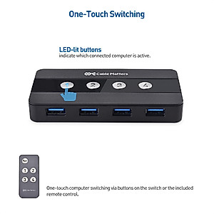 Cable Matters 4 Port USB 3.0 Switch USB Sharing Switch for 4 Computers and USB Peripherals - Button or Wireless Remote Control Switching - Includes a USB-C Adapter for USB-C USB4 and Thunderbolt 4