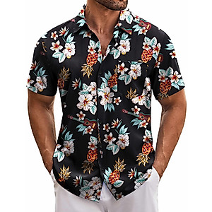 COOFANDY Men's Hawaiian Shirt Short Sleeve Casual Button Down Floral Printed Beach Shirts with Pocket Black