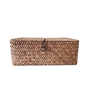 Rattan Storage Basket Hand-Woven Storage Basket Multipurpose Container with Lid for Desktop Home Decor (L)