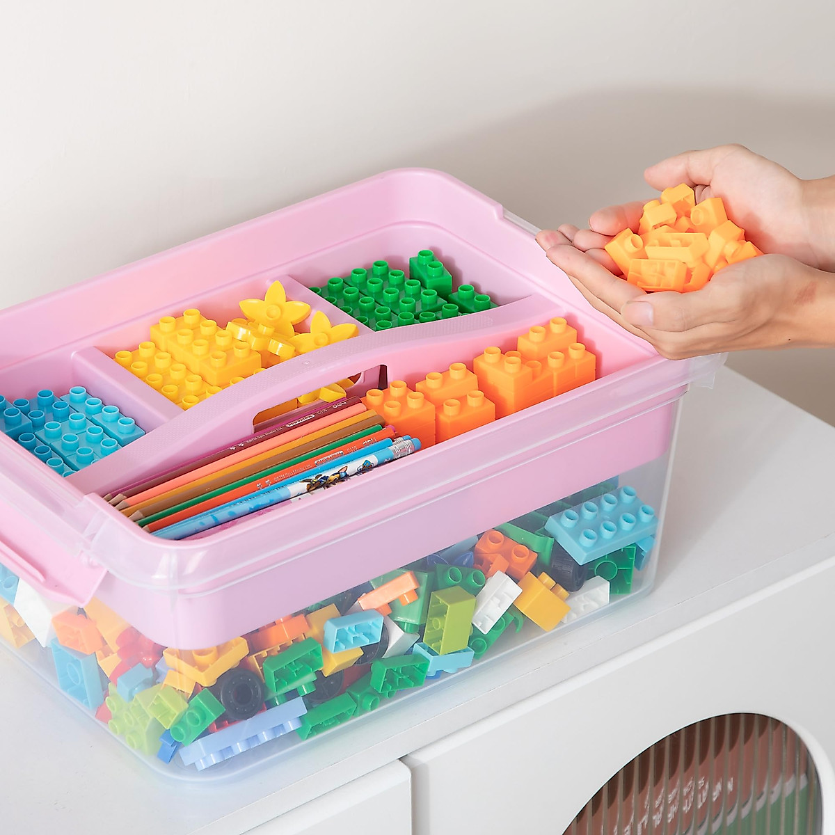2-Pack Craft Organizers and Storage Boxes, 20 QT Playdoh storage box with Frosted Lid & Removable Tray, Pink Multi-Purpose Organizer for Toys, Crafts, Tools, Bead