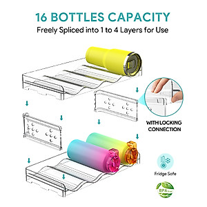 Areforic 4 Tier Water Bottle Organizer - 16 Bottle Stackable Holder for Tumblers, Cups, Wine Bottles - Free-Standing Kitchen Organization Shelf Rack for Cabinet, Countertop, Pantry, Clear Plastic