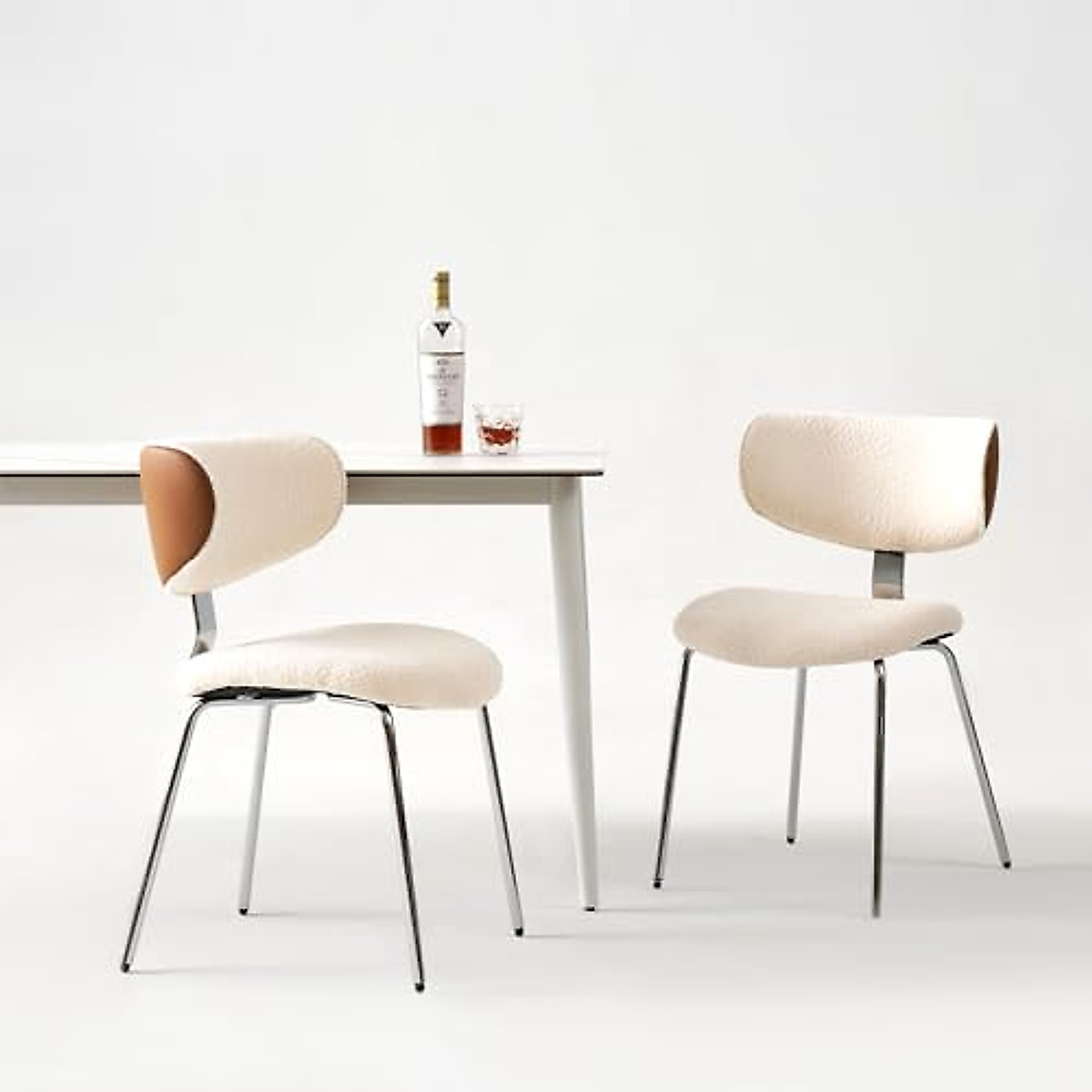 GrandNoor Modern Boucle Dining Chairs Set of 2,Faux Leather Kitchen & Dining Room Chairs,Curved Backrest Upholstered Dining Chairs with Metal Legs, White