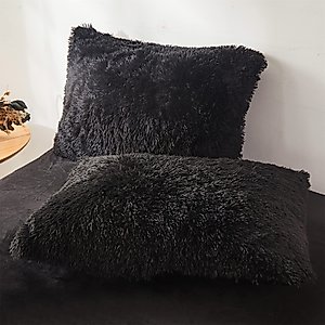 Furry Plush Pillow Covers, Ultra Soft Black Faux Fur, Decorative Bed Pillows, Zipper Closure, Set of 2 (Standard)