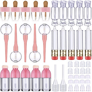 30 Pieces Empty Lip Gloss Tubes Tool Set, Include 25 Pencil Ice Cream Lollipop Bottle Candy Shaped Empty Lip Gloss Bottle Refillable Lip Balm Containers and 5 Plastic Funnels for Women Girls DIY