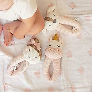 Living Textiles Baby Knitted Toy Rattle - Kenzie Unicorn -Premium HIGH Quality 100% Cotton Super Cute Soft & Fun Stuffed Animal Character | for Infant,Newborn,Nursery,Stuff,Knit,Gift,Shower,Girl
