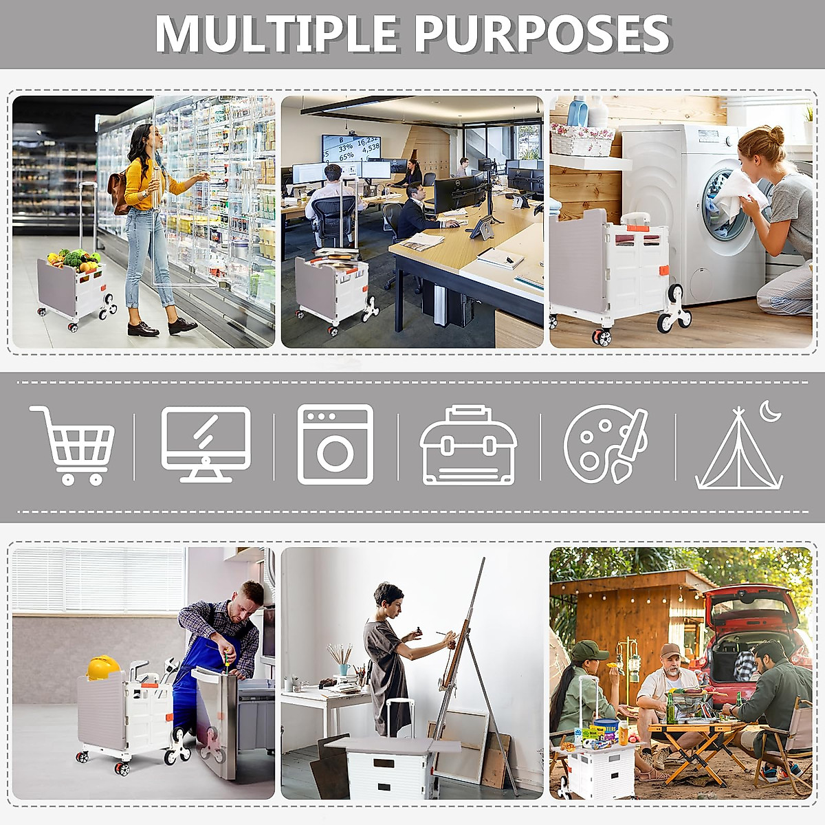 Foldable Utility Cart with Stair Climbing Wheels,Collapsible Rolling Crate with Magnetic Lid Telescopic Cover,Telescoping Handle,360° Rotate Wheel Hand Cart for Teacher Shopping Moving(Milky White)