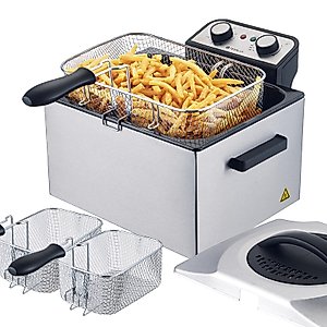 Tesslux Electric Deep Fryer with Basket for Home Use, Lid with Viewing Window and Odorless Filter, Adjustable Temperature, 5.3 Quart, Stainless Steel