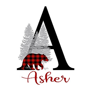 Personalized Woodland Bear Buffalo Plaid Baby Boy Nursery Decor Unframed Print - Baby Name Letter Initial Monogram