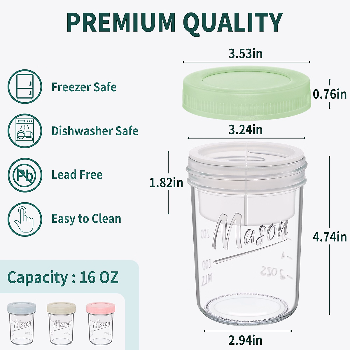 Xyptorix 16 oz Overnight Oats Containers with Lids, 4-Pack Leak-Proof Wide Mouth Mason Jars & Separate Compartments for Fruits/Nuts, Airtight Glass Jars for Chia Pudding, Yogurt, Parfait and Salad