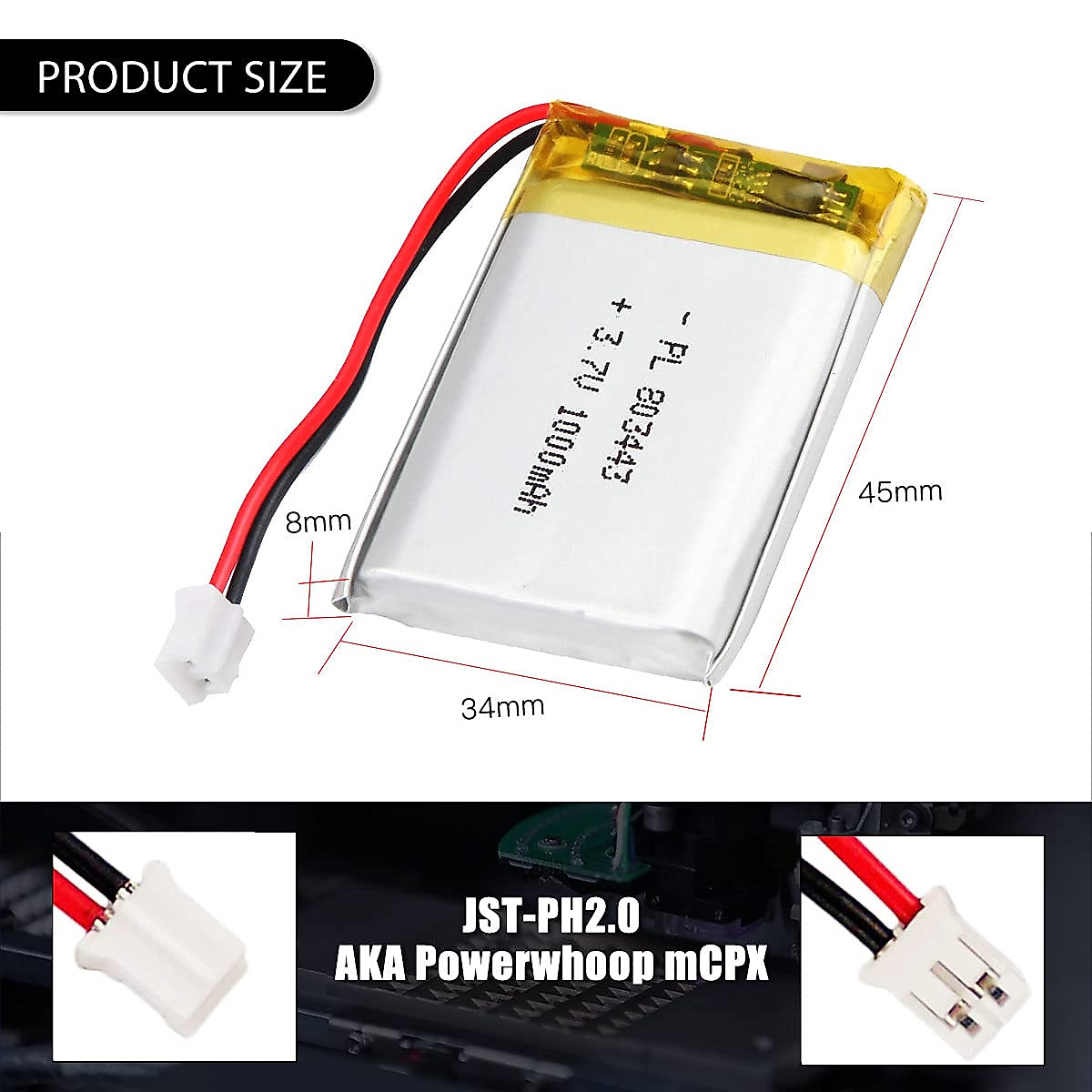AKZYTUE 3.7V 1000mAh 803443 Lipo Battery Rechargeable Lithium Polymer ion Battery Pack with JST Connector