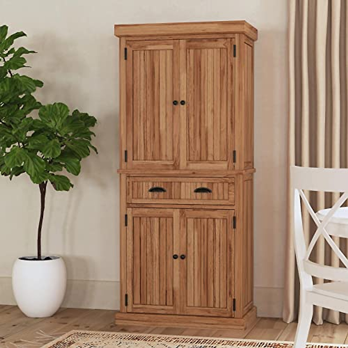 Homestyles Nantucket Storage Cabinet Kitchen Pantry with Drawers and Adjustable Shelves, 71.5 Inch Height, Natural Brown Maple Finish