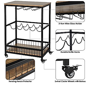 HITHOS Industrial Bar Carts for The Home, Mobile Bar Serving Cart, Wine Cart on Wheels, Beverage Cart with Wine Rack and Glass Holder, Rolling Drink Trolley for Living Room, Kitchen, Rustic Brown