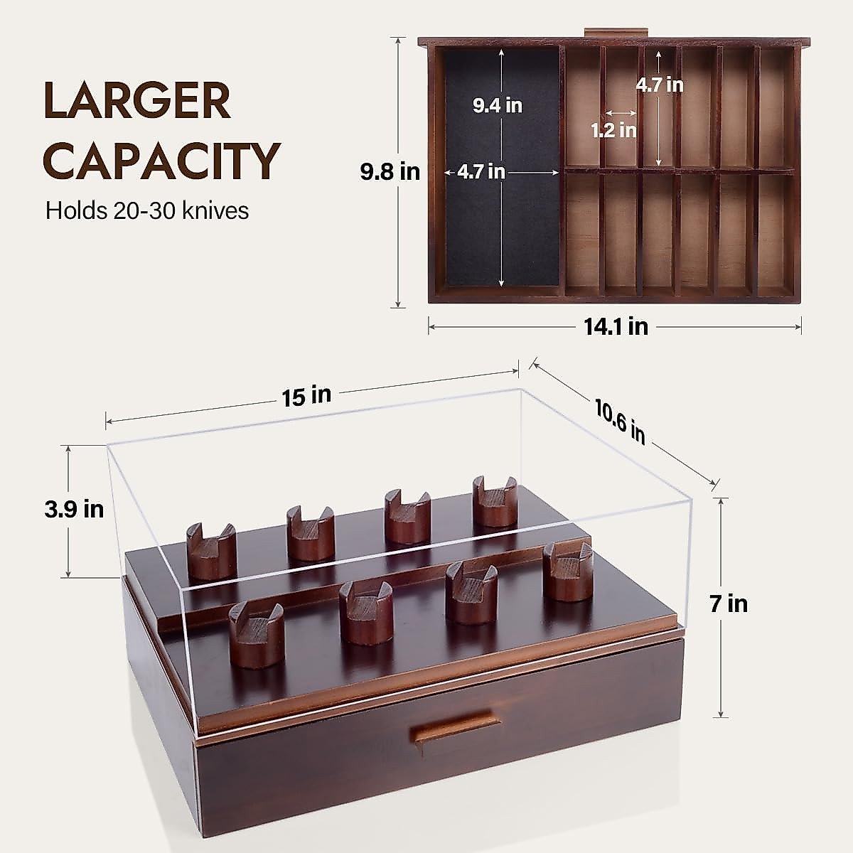 ULTRGEE Knife Display Case, Pocket Knife Collection Display Holder, Folding Knife Wooden Showcase Display Organizer Storage with Drawers and UV Resistant Acrylic Cover, Surprise Gift for Men