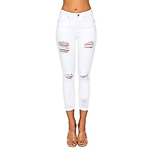 Wax Jean Women's 'Butt I Love You' Push-Up High Rise Destructed Capri Jeans in Heritage Denim Fabric, White, 5
