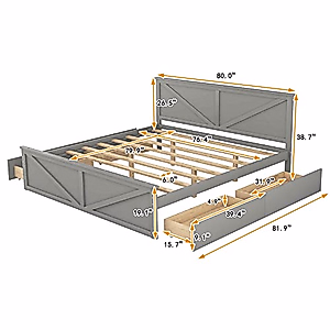 ATY King Size Platform Bed with 4 Storage Drawers, Wooden Bedframe w/Headboard and Support Legs, for Livingroom, Bedroom, Guestroom, No Box Spring Needed, Gray