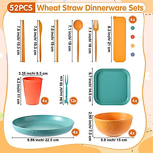 52 Pieces Wheat Straw Dinnerware Set Unbreakable Microwave Dishwasher Safe Plates and Bowls Sets Reusable Wheat Straw Plates Cups Bowls Spoon Knife Fork Straw Cutlery Set for Kitchen Picnic Camping