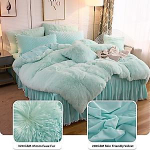 LIFEREVO Luxury Plush Shaggy Duvet Cover Set, Soft Velvet Fluffy Furry Duvet Cover Set(1 Faux Fur Fuzzy Comforter Cover + 2 Pom Poms Pillow Cases) Solid Bedding Set, Zipper Closure(Full/Queen, Mint)