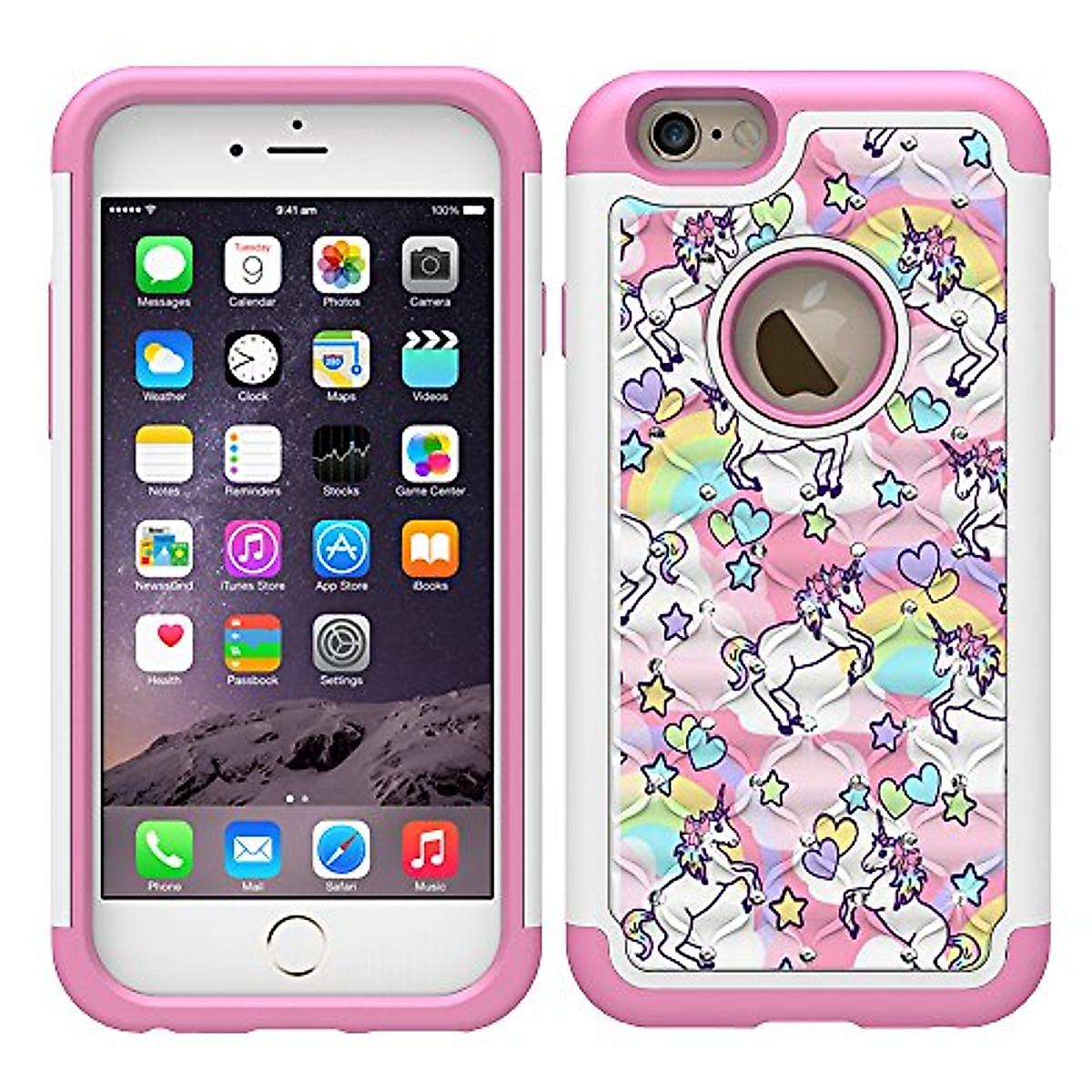 iPhone 6S Case, iPhone 6 Bling Case, Rainbow Unicorn Pattern Heavy Duty Shockproof Studded Rhinestone Crystal Bling Hybrid Case Silicone Protective Armor for Apple iPhone 6S iPhone 6