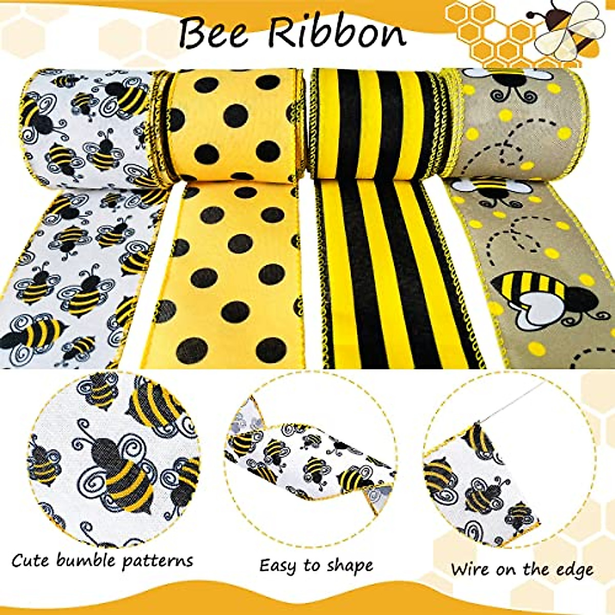 Bumble Bee Ribbon Wired 26 Yard Polka Dot Wired Edge Fabric Ribbon Bee Vertical Stripe Craft Ribbon Decorative Ribbon DIY for Wrapping, Party Decoration, Hair Bows, Crafting and Sewing