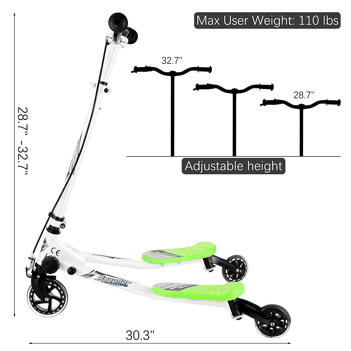 Swing Scooter, casulo Swing Wiggle Scooter, Foldable Wiggle Scooter 3-Level Adjustable | 3 Wheels Self Push Kids Scooter for Boys &Girls Age 5+ [US Stock] (Green)