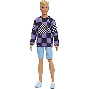 Barbie Fashionistas Ken Fashion Doll #191 with Blonde Cropped Hair in Checkered Sweater, Denim Shorts & White Sneakers