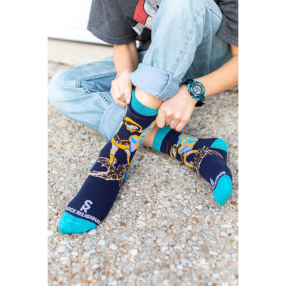 Sock Religious Defend Us In Battle St. Michael Navy and Sky Blue Boys and Girls One Size Fits Most Polyester Blend Catholic Inspirational Fun Crew Socks, Kids
