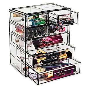 Sorbus Acrylic Clear Makeup Organizer - Big & Spacious Cosmetic Display Case - Stylish Designed Jewelry & Make Up Organizers and Storage for Vanity, Bathroom (3 Large, 4 Small Drawers) [Black Jewel]