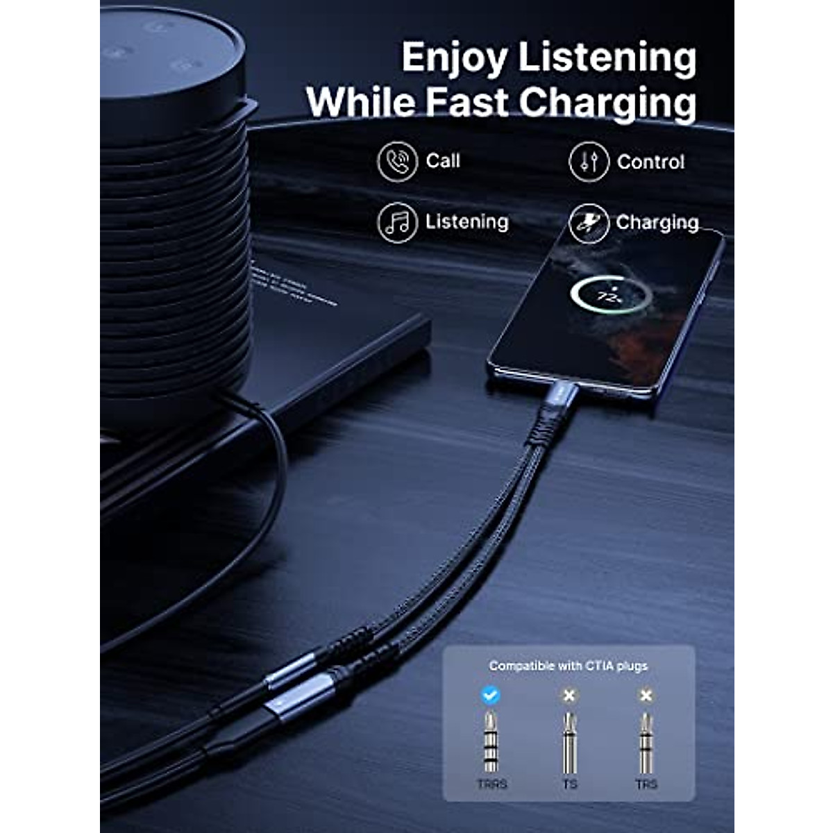 JSAUX USB C to 3.5mm Headphone and Charger Adapter, 2-in-1 USB Type C to Aux Audio Splitter Jack with PD 60W Fast Charging Compatible with Samsung S22/S21/S20,Note20/10,Pixel 6/5/4,iPad Pro Air -Grey