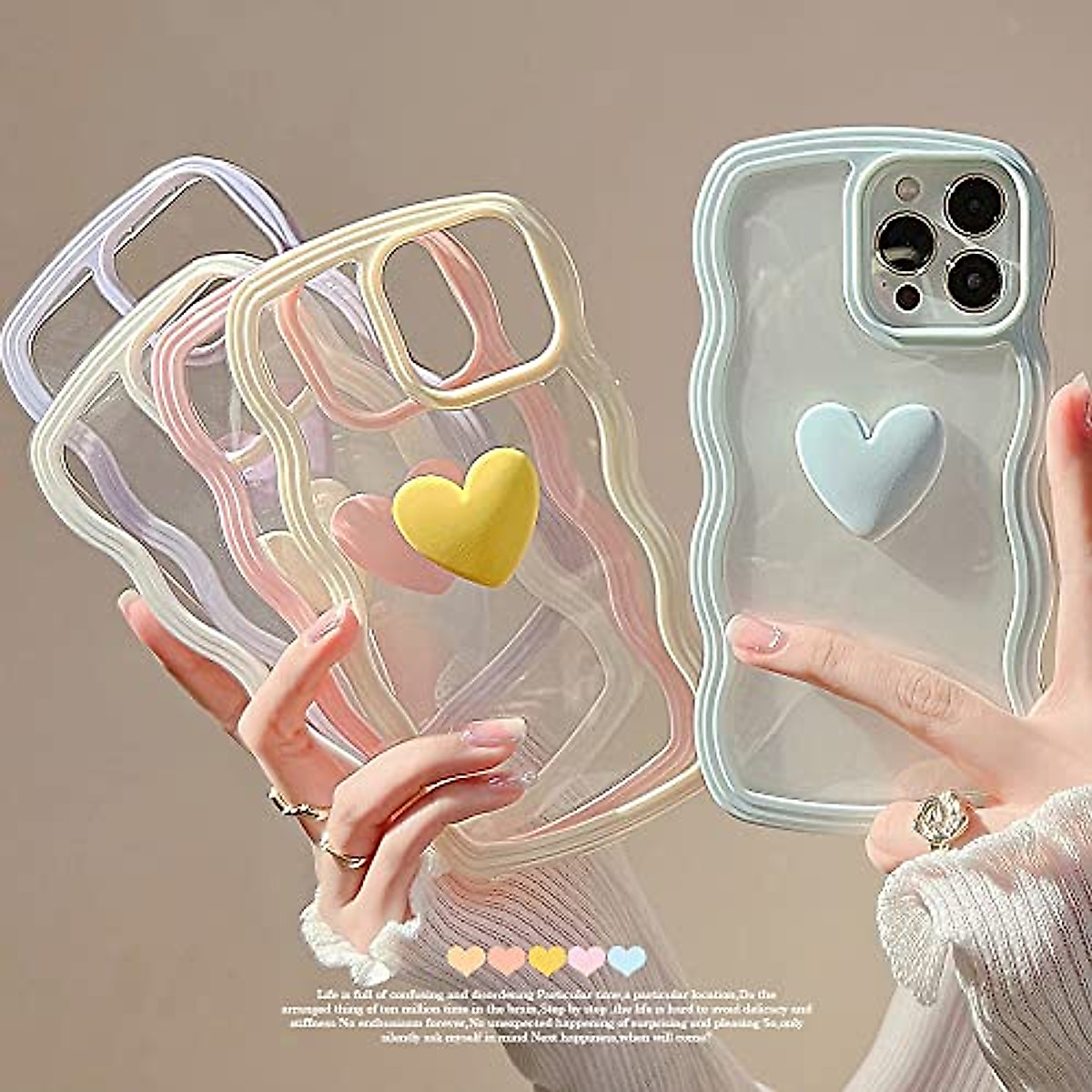 HJWKJUS Compatible with iPhone 13/iPhone 14 Case for Girls Women,Cute 3D Love Heart Design Curly Wave Clear Transparent Case Shockproof Protective Soft TPU Bumper Cover for iPhone 13/iPhone 14- White