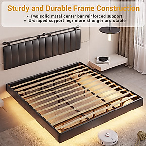 DICTAC Floating King Bed Frame with RGB LED Lights Modern Upholstered King Size Led Bed Frame with Wall Mounted Headboard,No Box Spring Needed,White