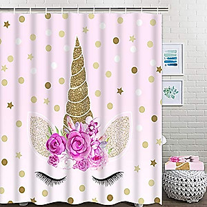 7 Pcs Unicorn Shower Curtain Sets with Rugs and Bath Towel, Non-Slip Rug, Toilet Lid Cover, Bath Mat and Towel, Pink Cartoon Unicorn Bathroom Shower Curtain with 12 Hooks for Kids Girl Bathroom, Large