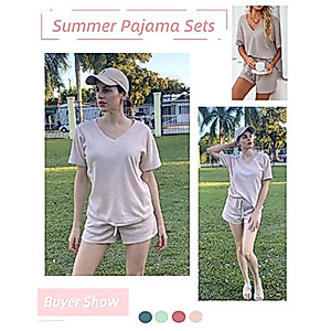 Ekouaer Womens Pajamas Set Shorts Waffle Knit Pjs Soft Loungewear Cozy Sleepwear Cotton Lounge Wear 2 Piece Matching Set Peacock Blue XXL